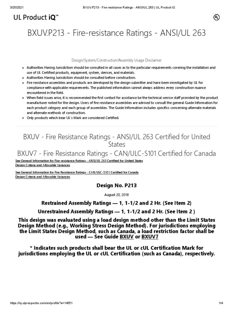 BXUV.P213 - Fire-Resistance Ratings - ANSI - UL 263 - UL Product Iq | PDF | Duct (Flow) | Copyright