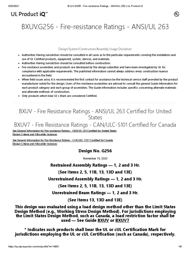 BXUV.G256 - Fire-Resistance Ratings - ANSI - UL 263 - UL Product IQ | PDF | Duct (Flow) | Ceiling