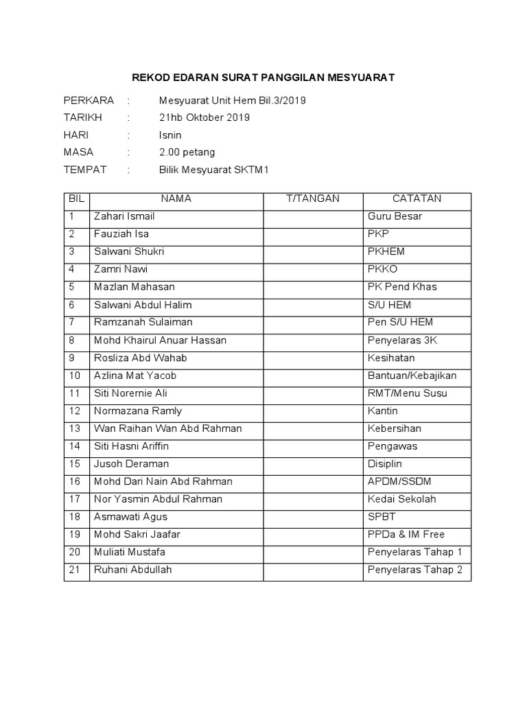 HEM Rekod Penerimaan Surat, Kehadiran & Minit Mesyuarat Bil 3 (2019) | PDF