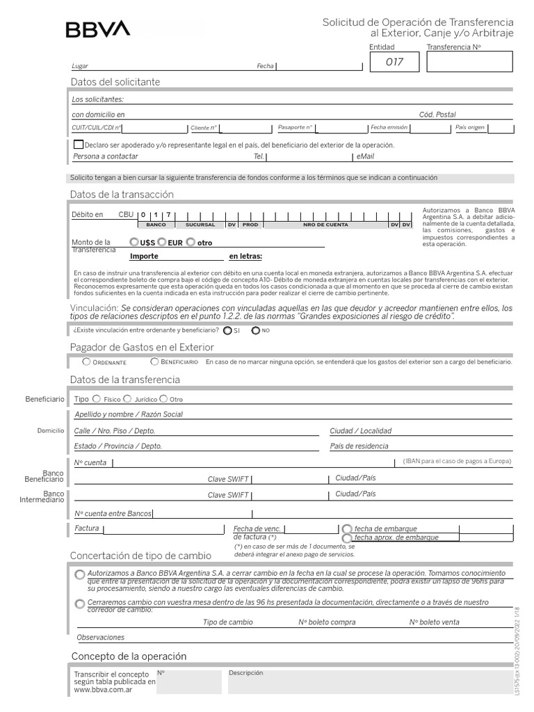 Solicitud de transferencia de fondos al exterior con detalles de la ...