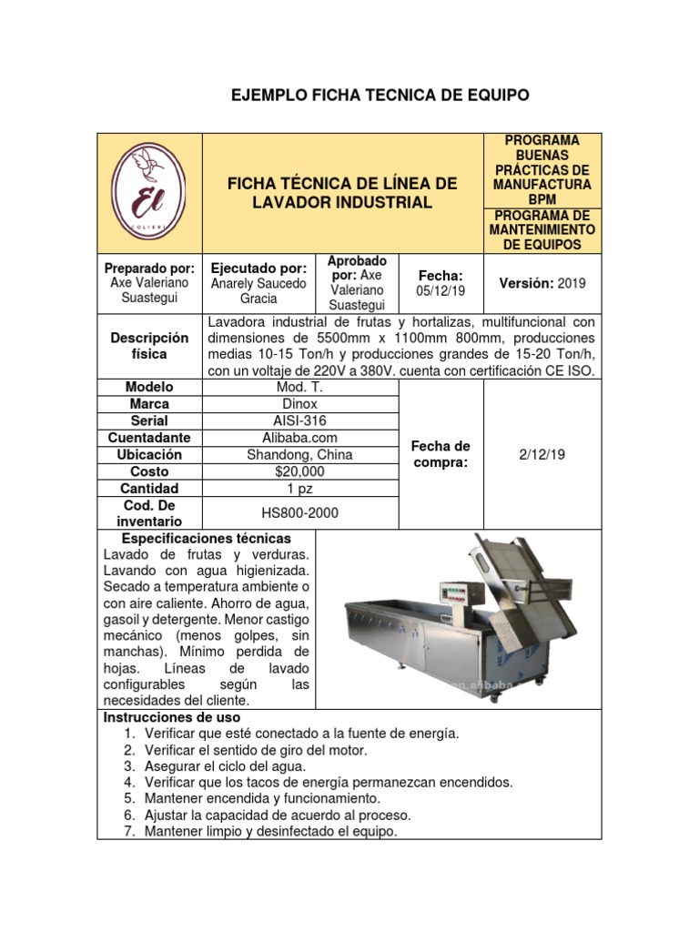 Ejemplo Ficha Tecnica de Equipo | PDF