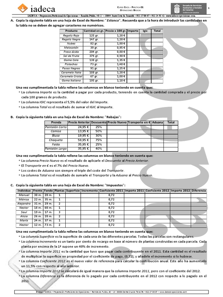 Excel - Práctica 01 - Cálculo Básico | PDF