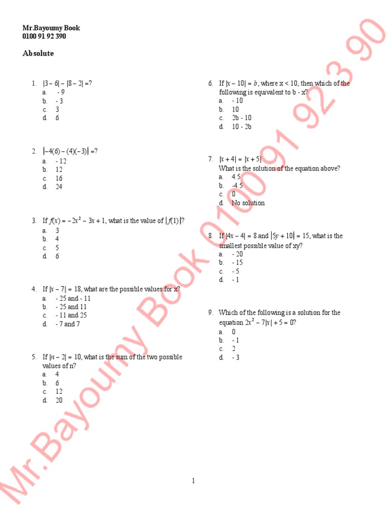 Absolute Value Math Problems | PDF | Equations | Elementary Mathematics