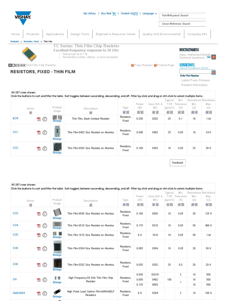 Vishay FC Series Thin Film Resistors | PDF | Resistor | Components