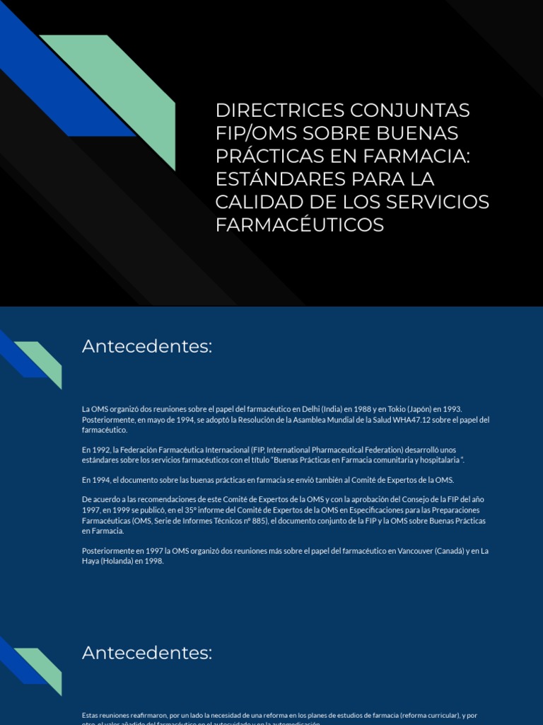 Directrices Conjuntas Fip - Oms Sobre Buenas Prácticas en Farmacia - Estándares para La Calidad ...