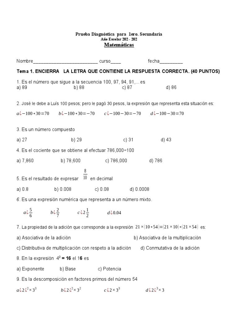 Prueba Diagnóstica Matemáticas 1° Secundaria | PDF | Multiplicación ...