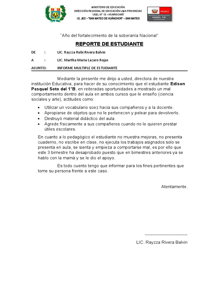Reporte Del Alumno | Descargar gratis PDF | Salón de clases | Modificación de comportamiento