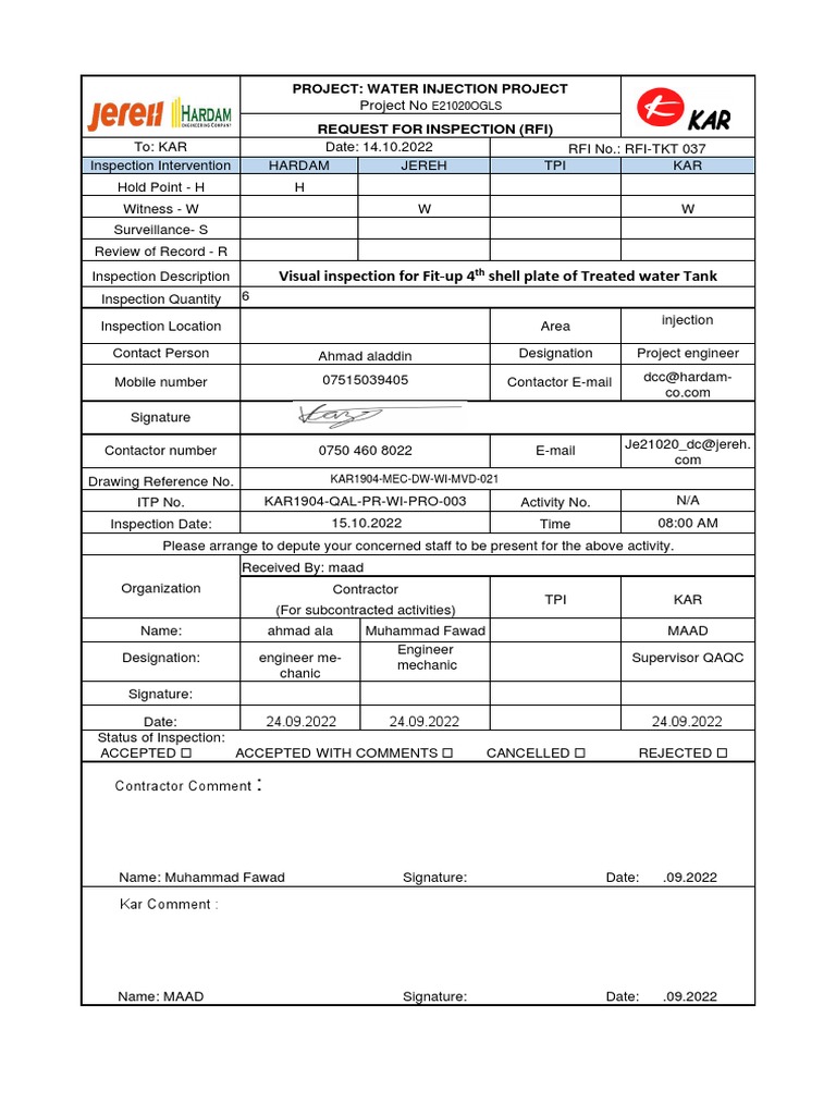 Water Injection Project RFI Inspection | PDF | Tanks | Military Vehicles