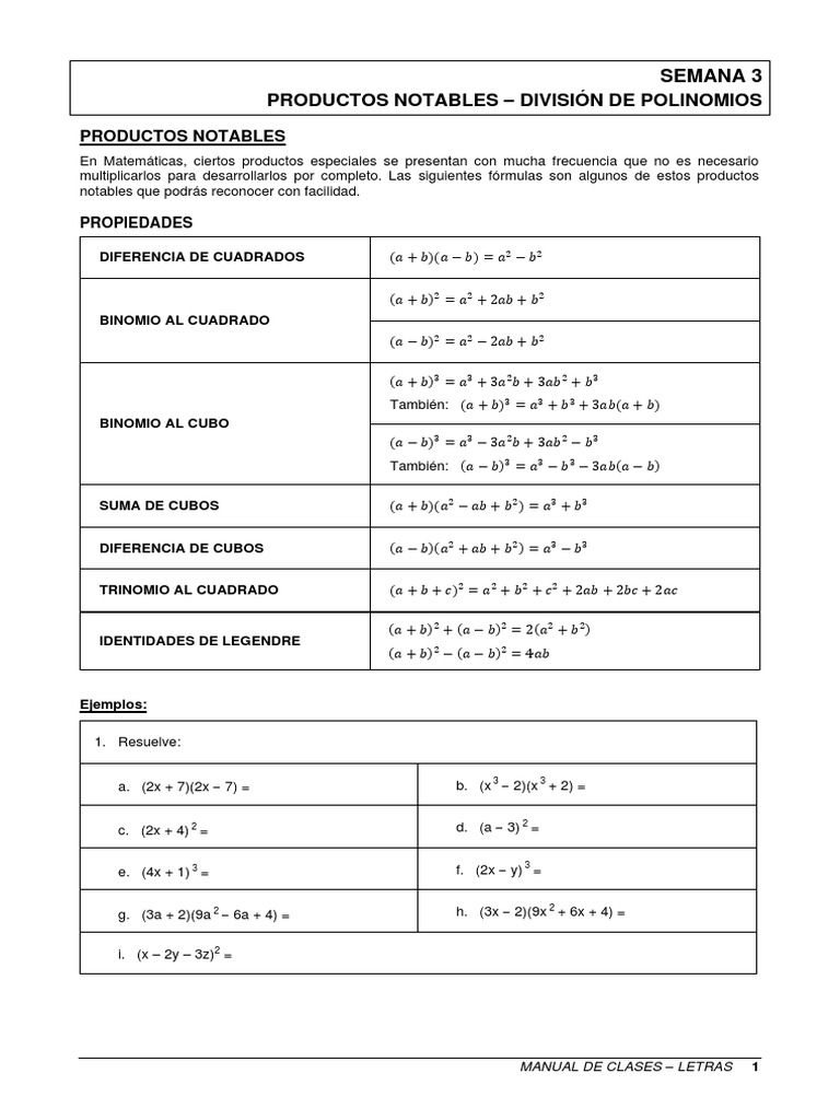 Productos Notables y División de Polinomios | PDF | División ...