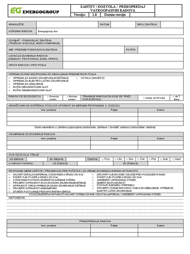 Zahtev I Dozvola Za Vatroopasne Radove | PDF