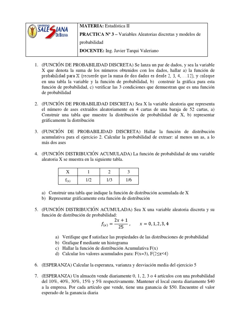 ESTADISTICA II Practica 3 Variables Aleatorias Discretas | PDF | Probabilidad | Distribución de ...