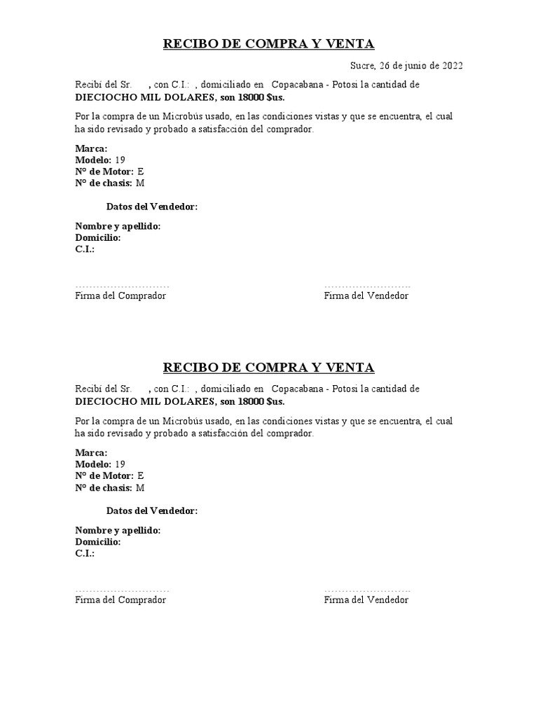 RECIBO DE COMPRA Y VENTA Vehiculos | PDF