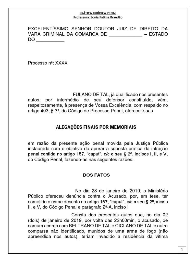 ALEGAÇÕES FINAIS POR MEMORIAIS - Modelo | PDF | Procedimento criminal ...