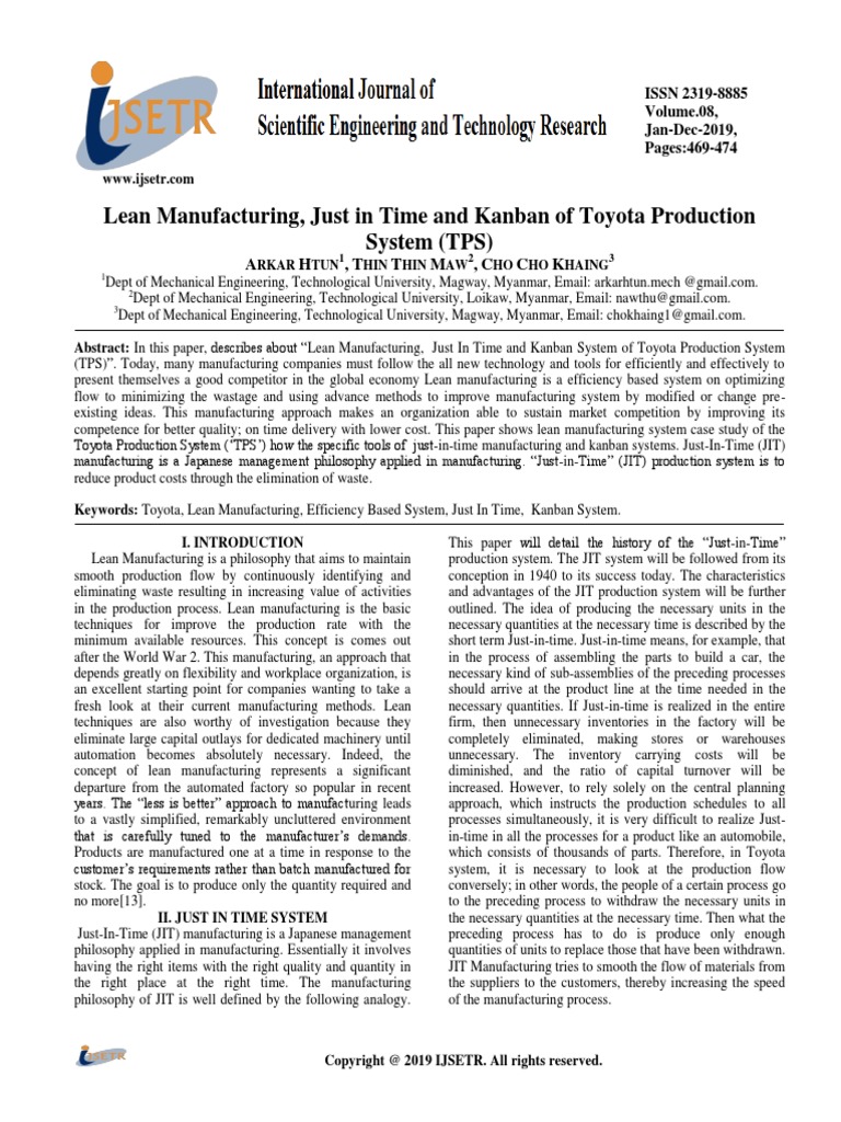 Lean Manufacturing, Just in Time and Kanban of Toyota Production | PDF ...