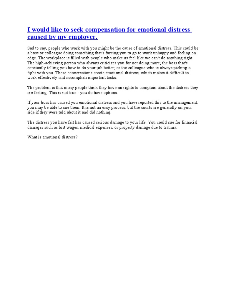 I Would Like To Seek Compensation For Emotional Distress Caused by My Employer | PDF | Career ...