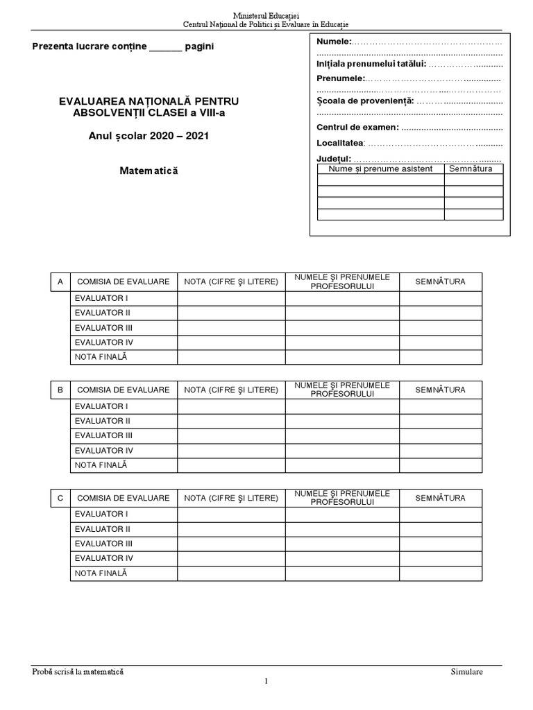 En VIII Matematica 2021 Var Simulare LMA | PDF