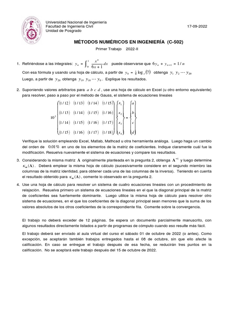 Métodos Numéricos: Guía de Tareas | PDF | Matriz (Matemáticas) | Ecuaciones