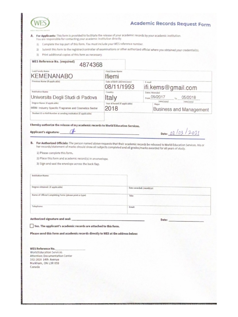 WES Form | PDF