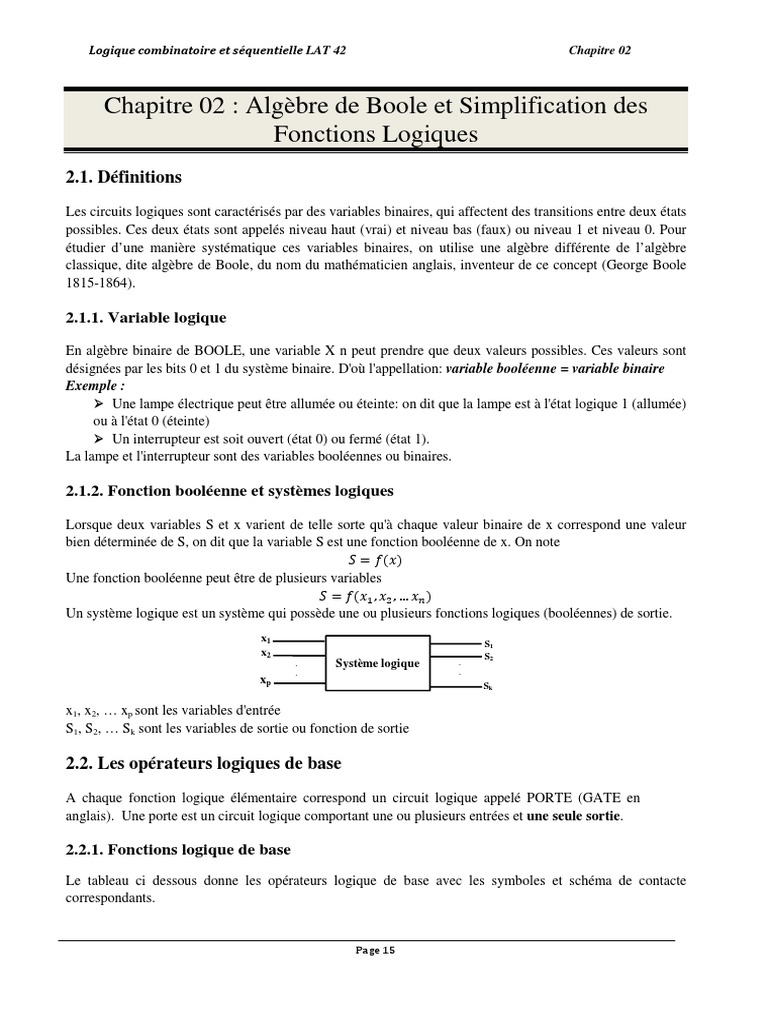 2 Chapitre 2-F Algèbre de Boole Et Simplification Des Fonctions Logiques | PDF | Algèbre de ...