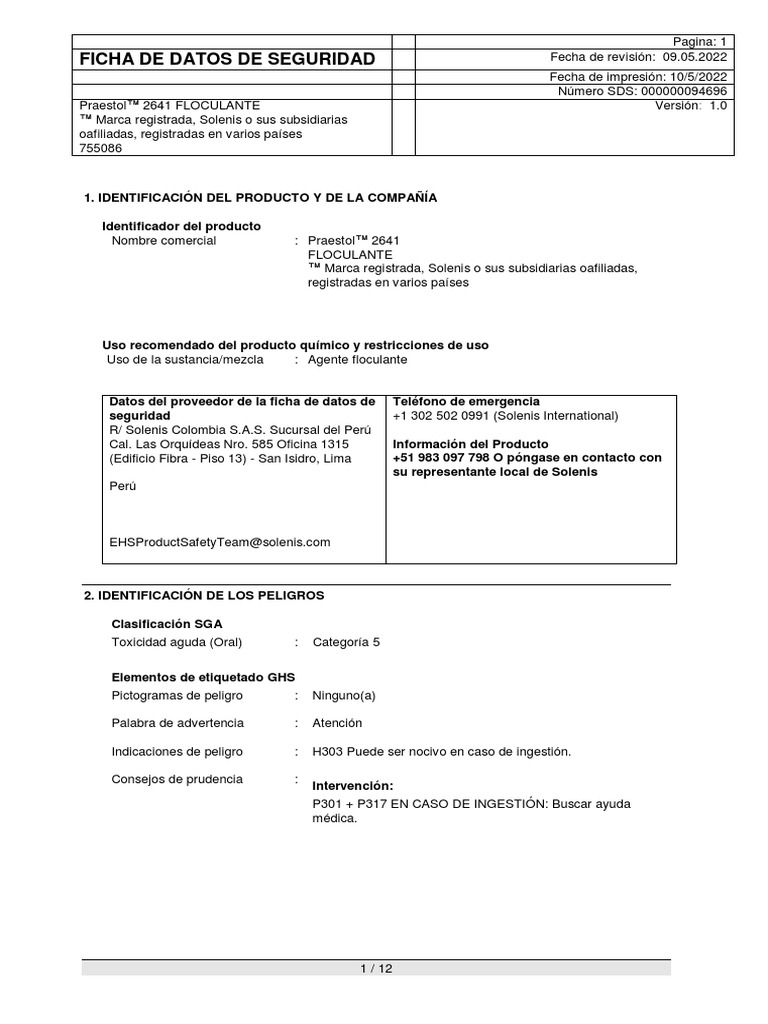 MSDS Praestol 2641 FLOCCULANT 000000000000755086 Peru (GHS SDS ...