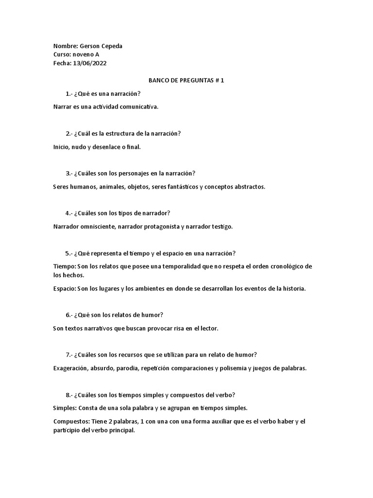 Banco de Preguntas #1 Q1-P1 9no A | PDF | Narración | Verbo