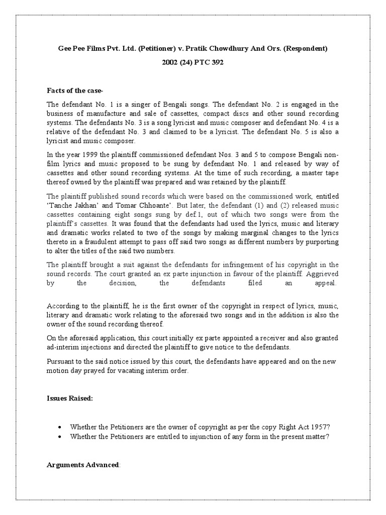 Gee Pee Pvt. Ltd. v. Pratik Chowdhury | PDF | Social Science | Art