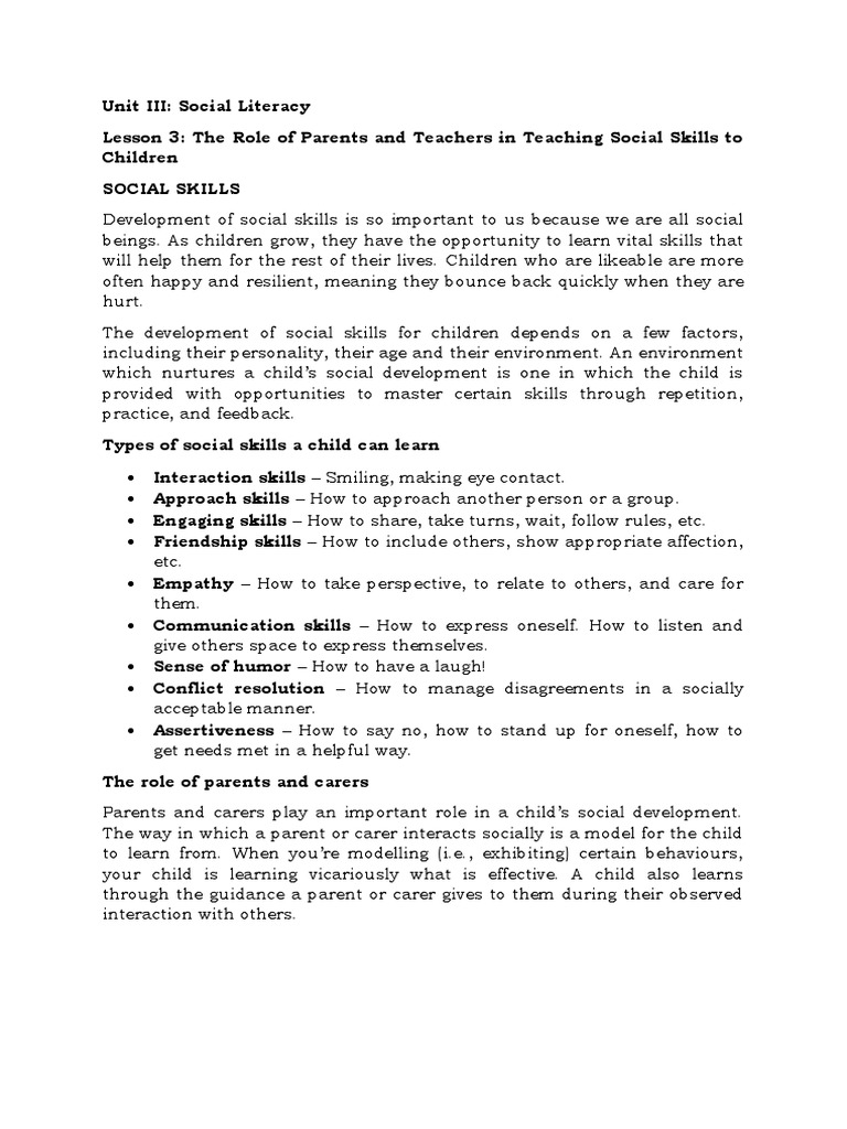 Unit III: Social Literacy Lesson 3: The Role of Parents and Teachers in ...