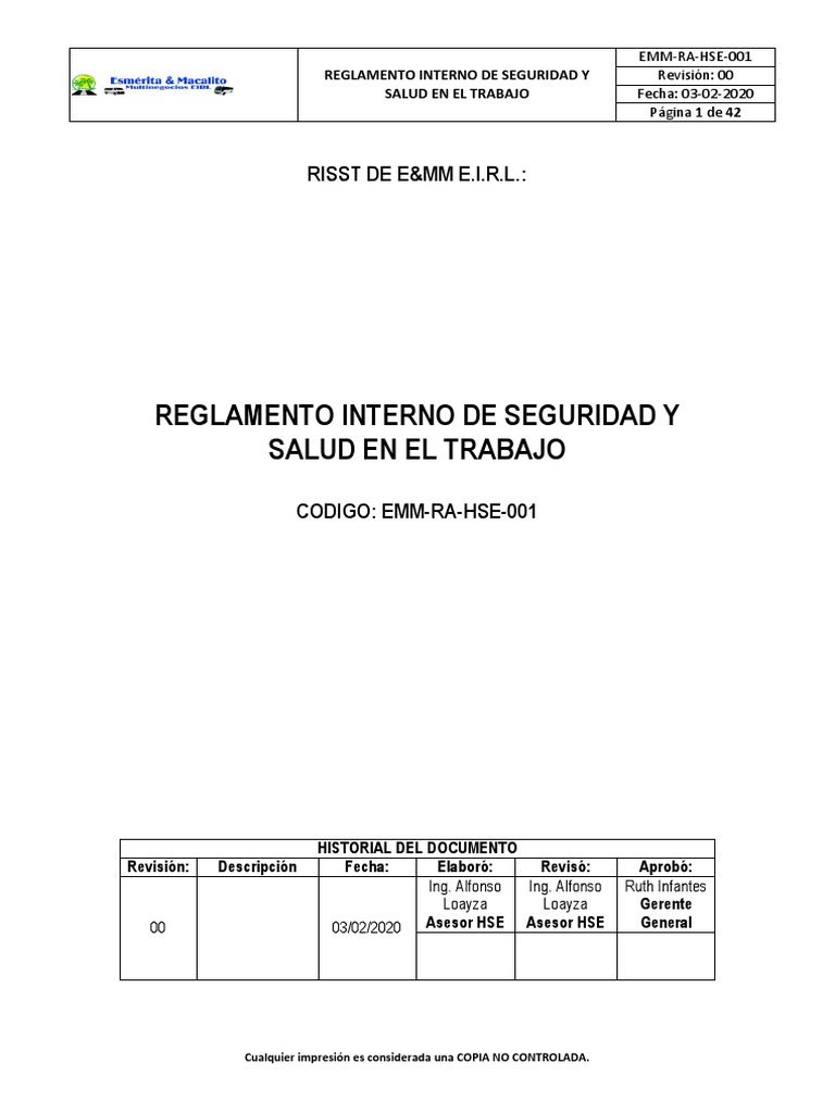 Emm-Ra-Hse-001. Reglamento Interno de Seguridad y Salud en El Trabajo - Risst - Borrador | PDF ...