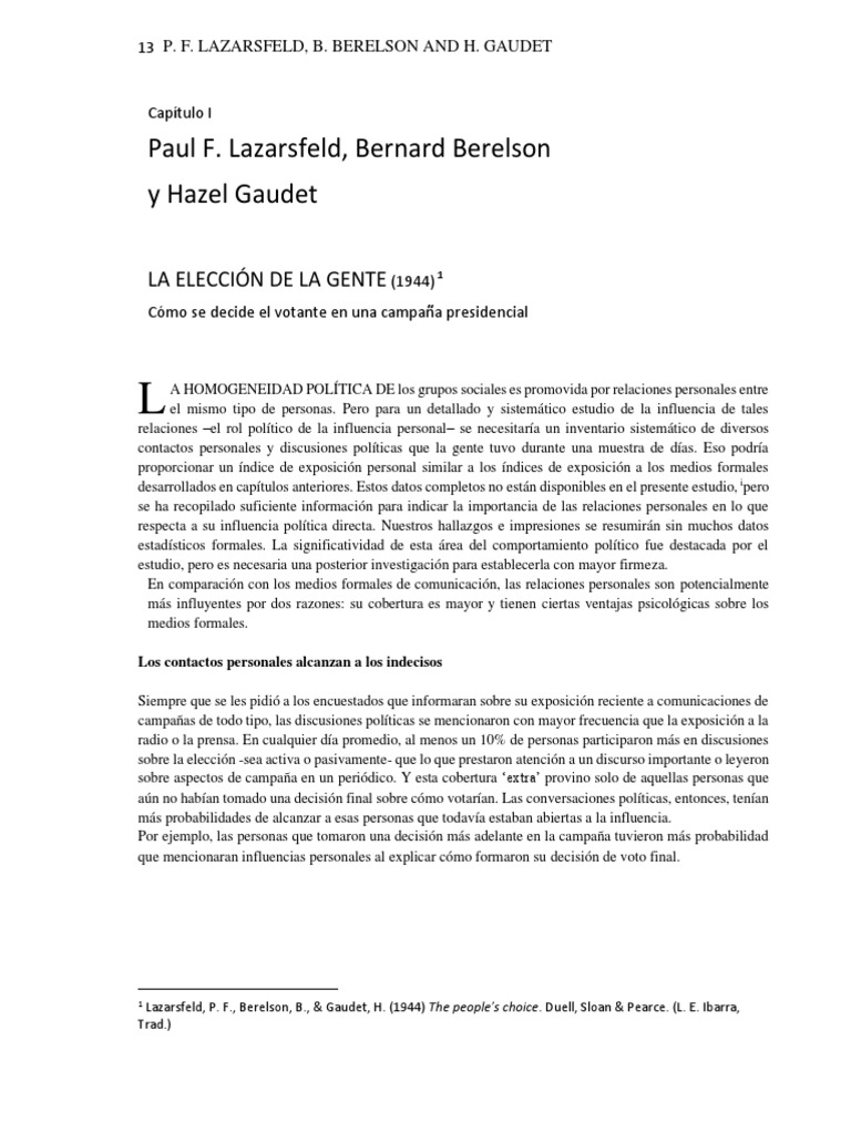Paul F. Lazarsfeld, Bernard Berelson y Hazel Gaudet: La Elección de La ...