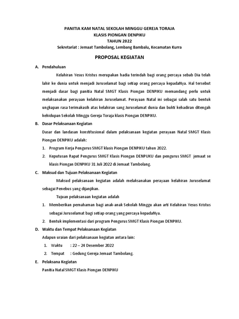 PROPOSAL KAM NATAL SEKOLAH MINGGU GEREJA TORAJA KLASIS PIONGAN DENPIKU ...