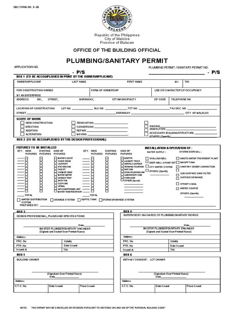 Plumbing Sanitary Permit Front and Back | PDF | Plumbing | Sanitation