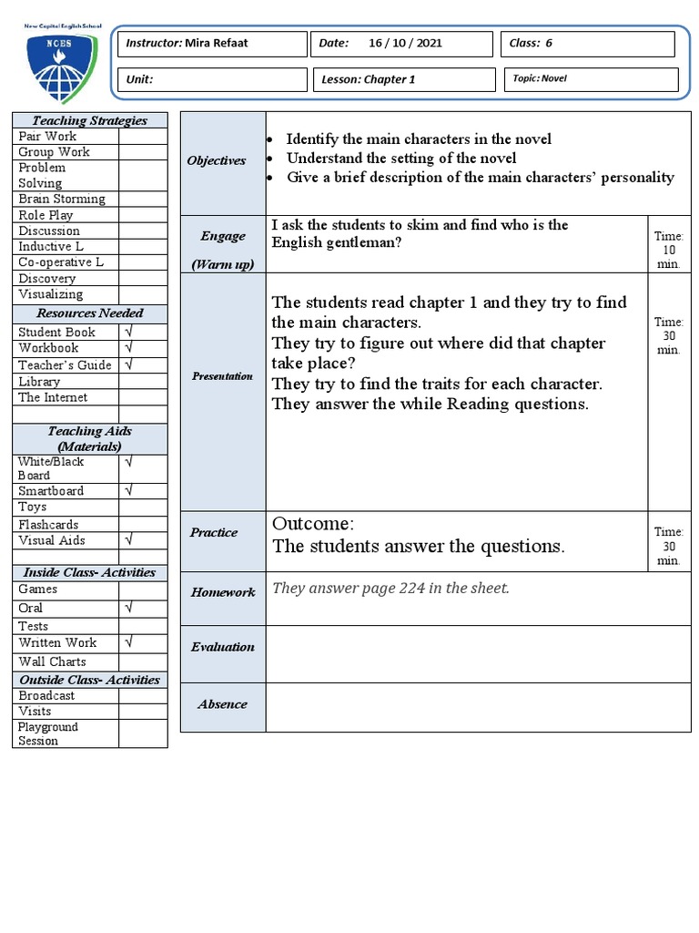 Novel Chapter 1 Lesson Plan | PDF | Lesson Plan | Communication