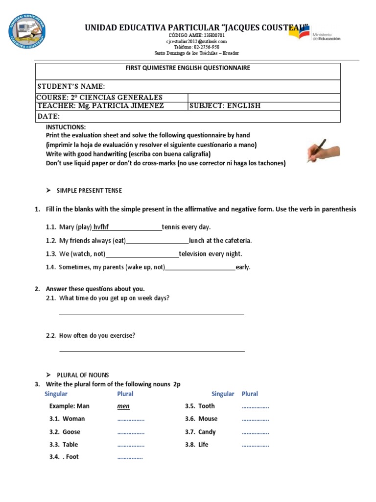 English Questionnaire - 2° Bgu - First Quimestre | PDF | Linguistic ...