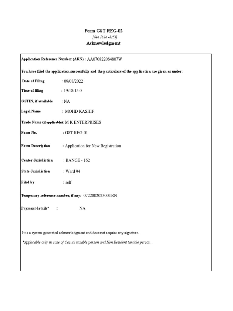 Form GST REG-02 Acknowledgment: (See Rule - 8 (5) ) | PDF | Business ...