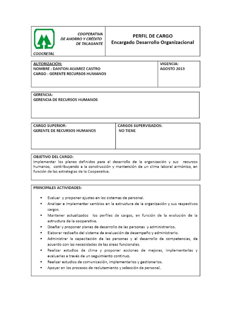 PERFIL DE CARGO Encargado Desarrollo Organizacional | PDF