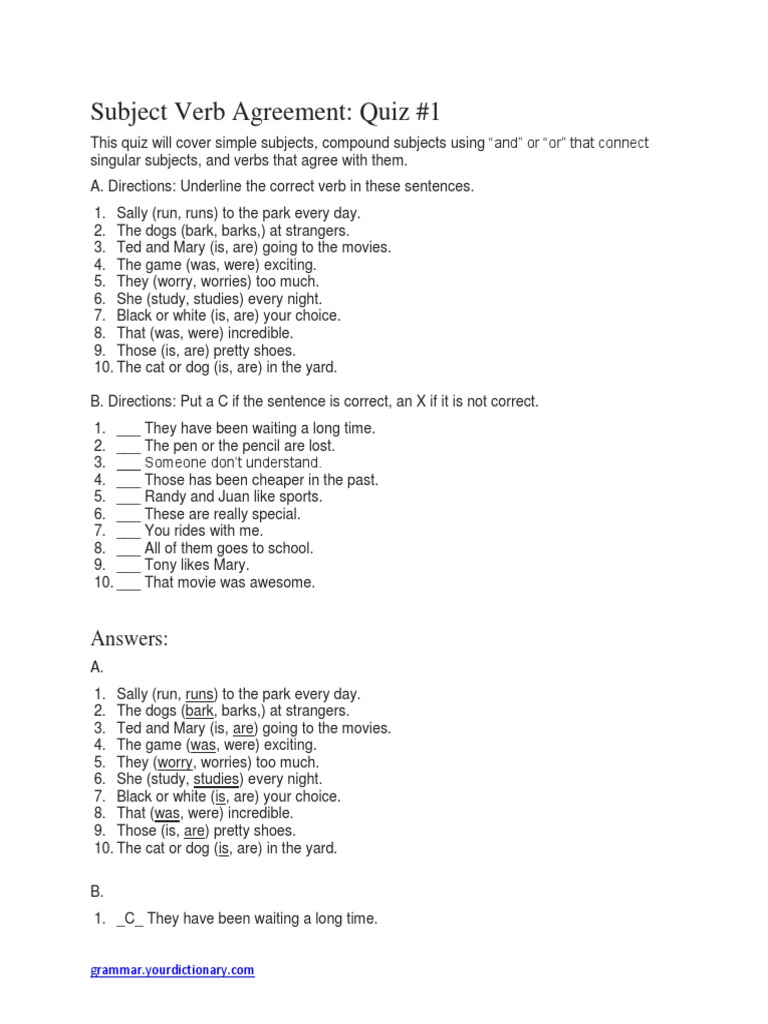 Subject-Verb Agreement Quizzes | PDF | Grammatical Number | Language ...