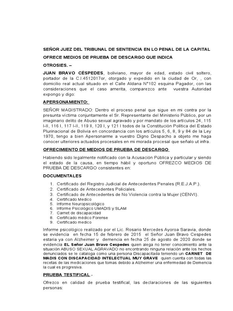 Memorial de Pruebas de Descargo | PDF | Justicia | Crimen y violencia