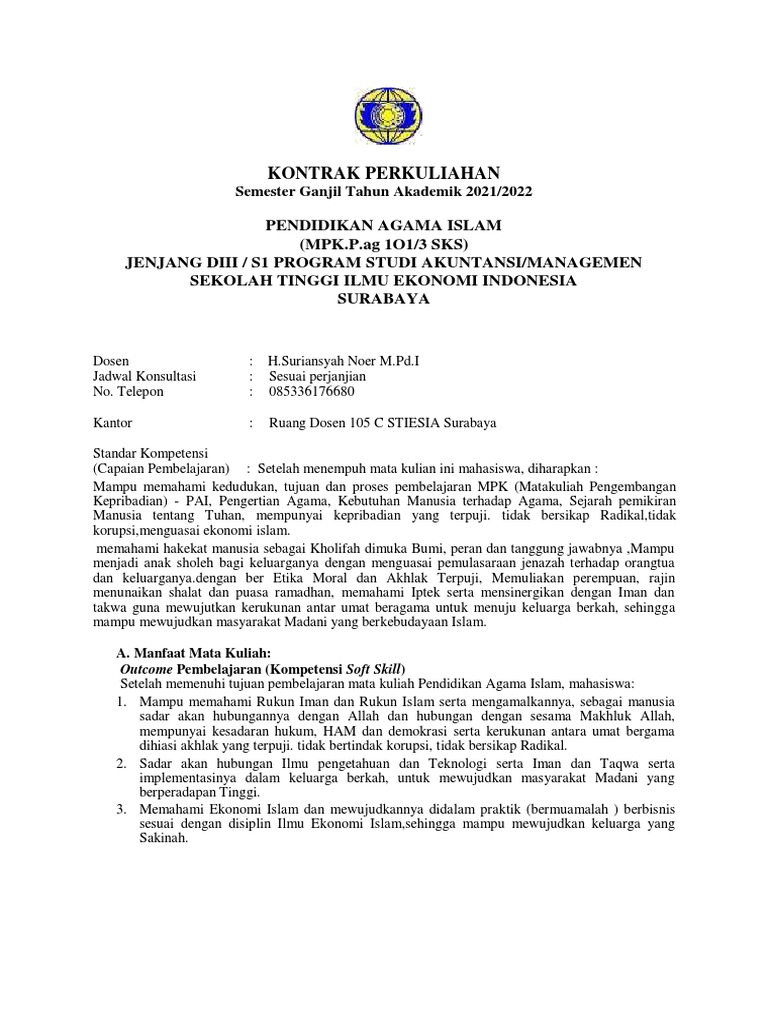 Kontrak Perkuliahan Agama Islam 2022-2023 | PDF