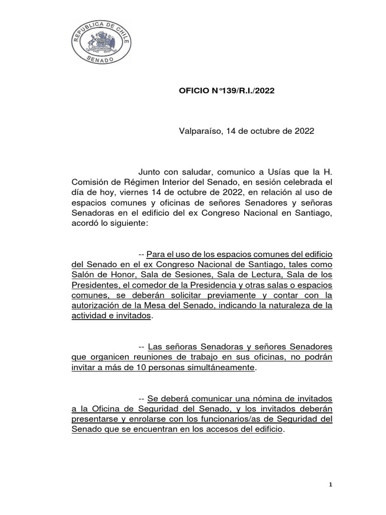 Oficio CRI N°139-2022 A HS Senadores-As - Uso Espacios Comunes Edificio Santiago (Logo) FE | PDF ...