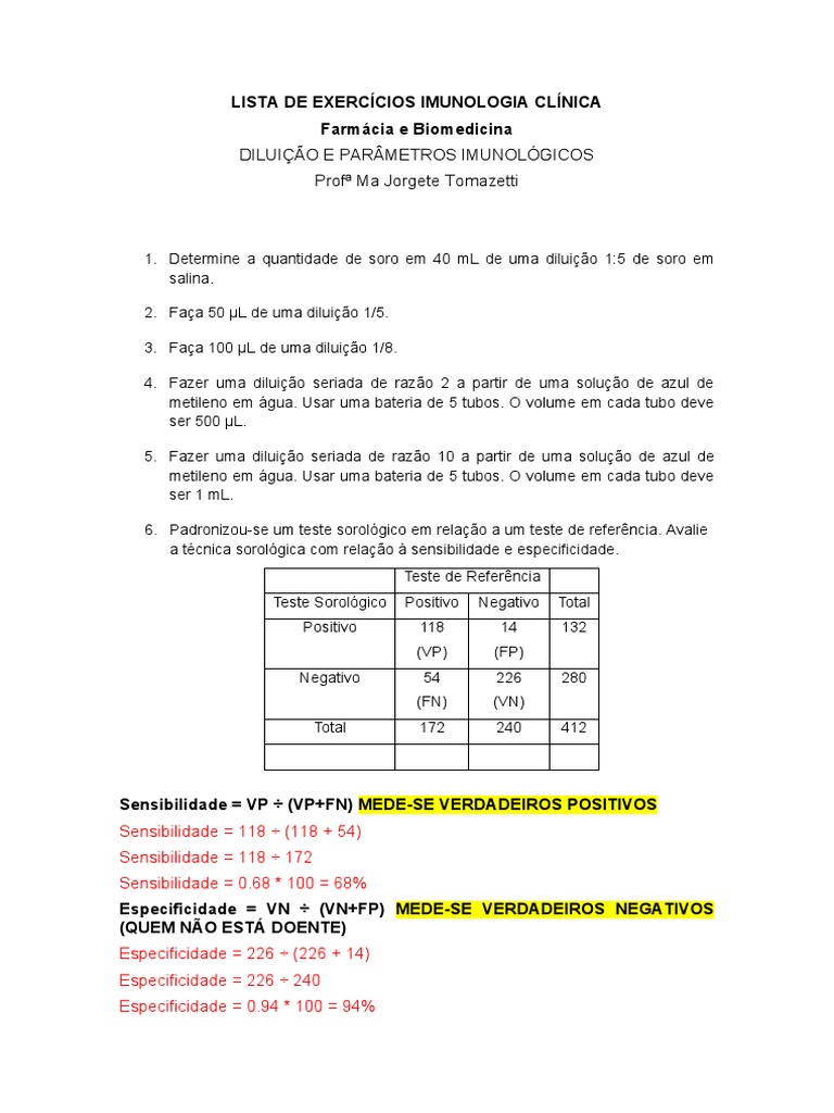 EXERCÍCIOS Sensibilidade Especificidade Resolvidos | PDF