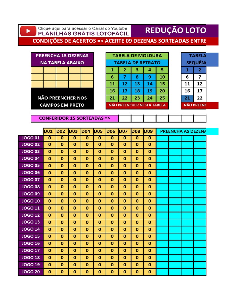 #56 - Planilhas Grátis Lotofácil - Redução 15 para 09 Usuário Completa ...