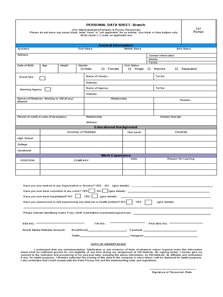PDS For SM Personal Data Sheet | PDF