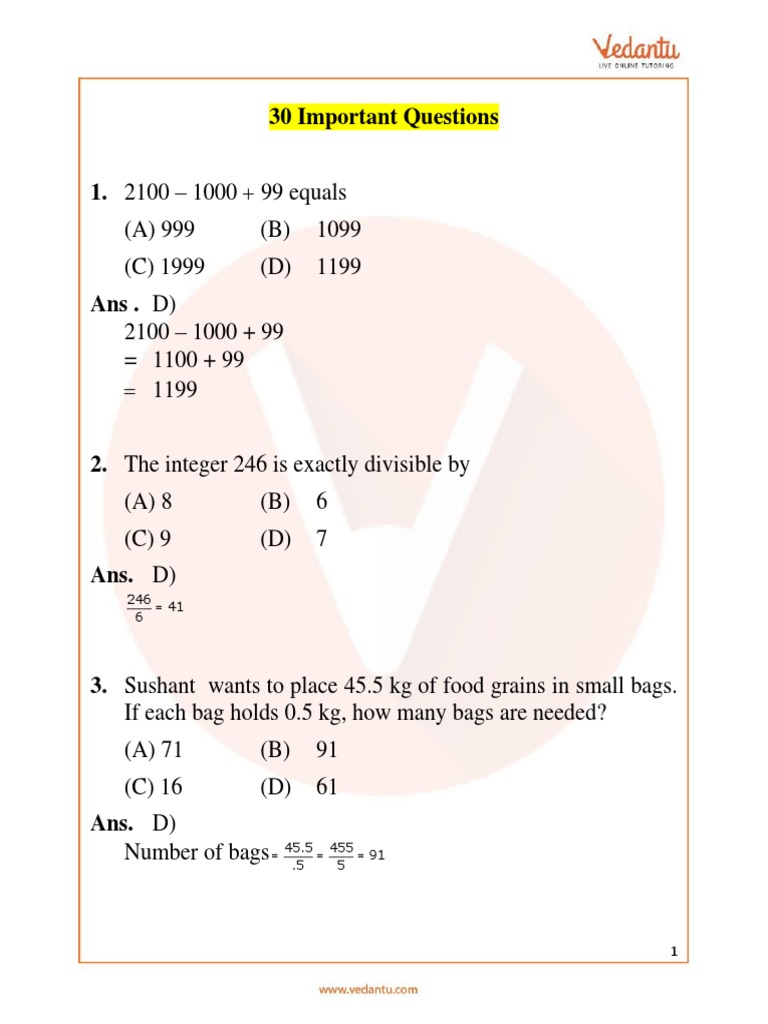 IMO Maths Important Questions Class 6 | PDF | Area | Rectangle