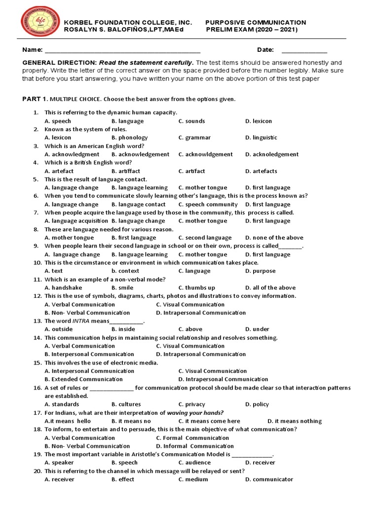 Prelim Exam Purposive Communication | PDF | Communication | Language Acquisition