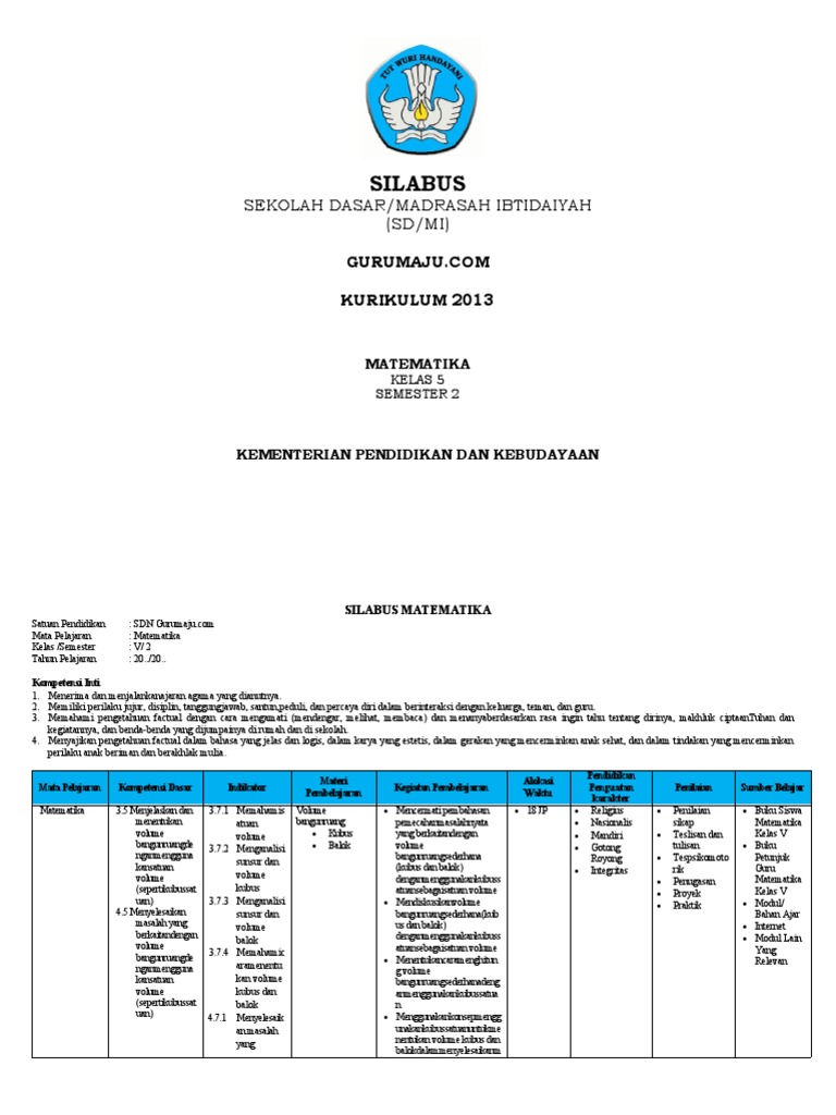Silabus 9 MTK Kelas 5 Genap 9 Komponen | PDF