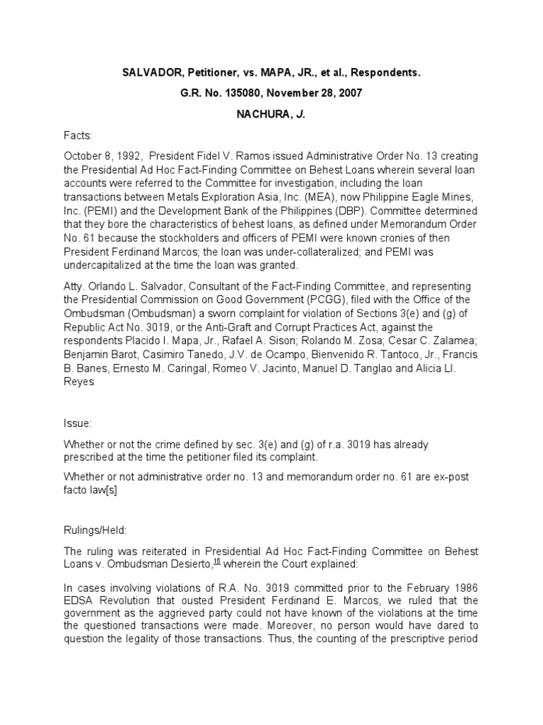 Case # 1 - Optional - Salvador vs. Mapa, JR., Et Al., G.R. No. 135080 ...