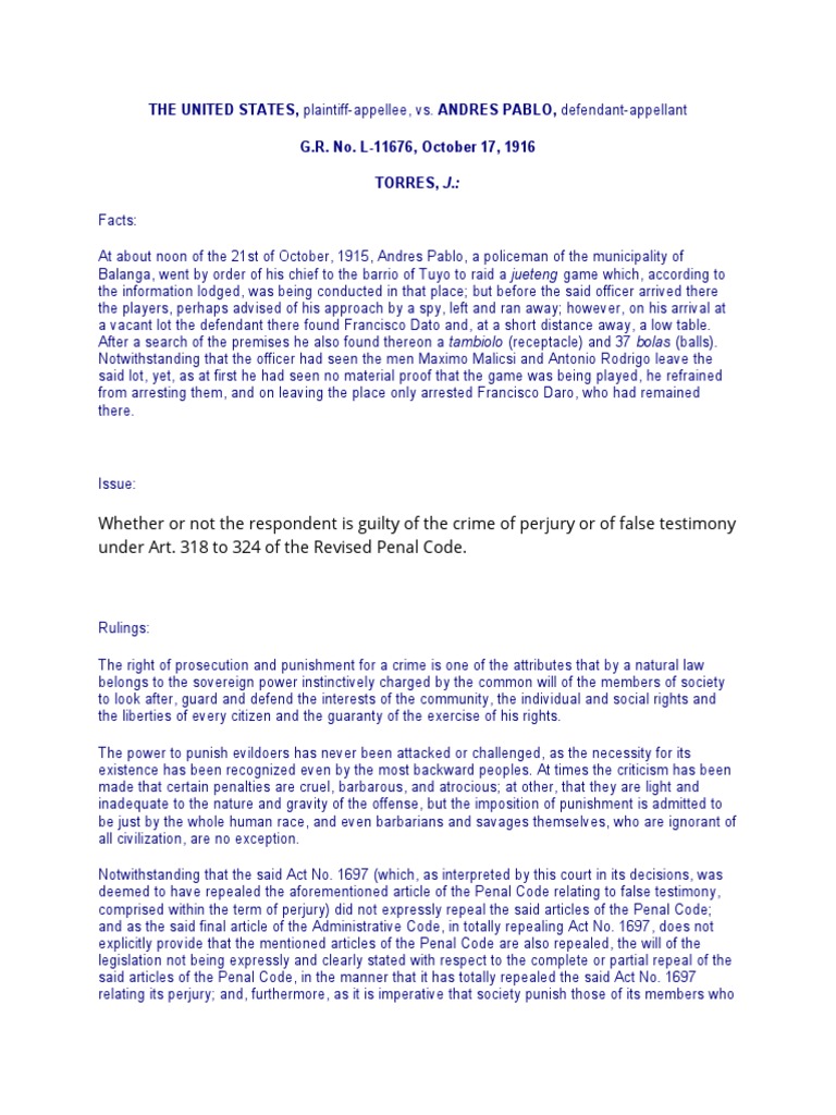 The UNITED STATES V Pablo Case Digest | PDF | Perjury | Ethical Principles