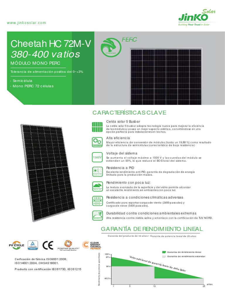 Módulo Solar Jinko Cheetah HC 72M-V | PDF | Célula solar | Física