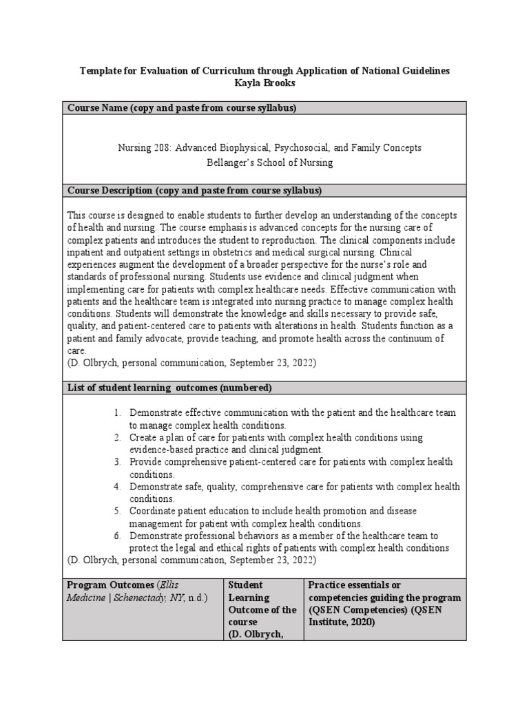 Nursing Curriculum Evaluation Template | PDF | Nursing | Patient