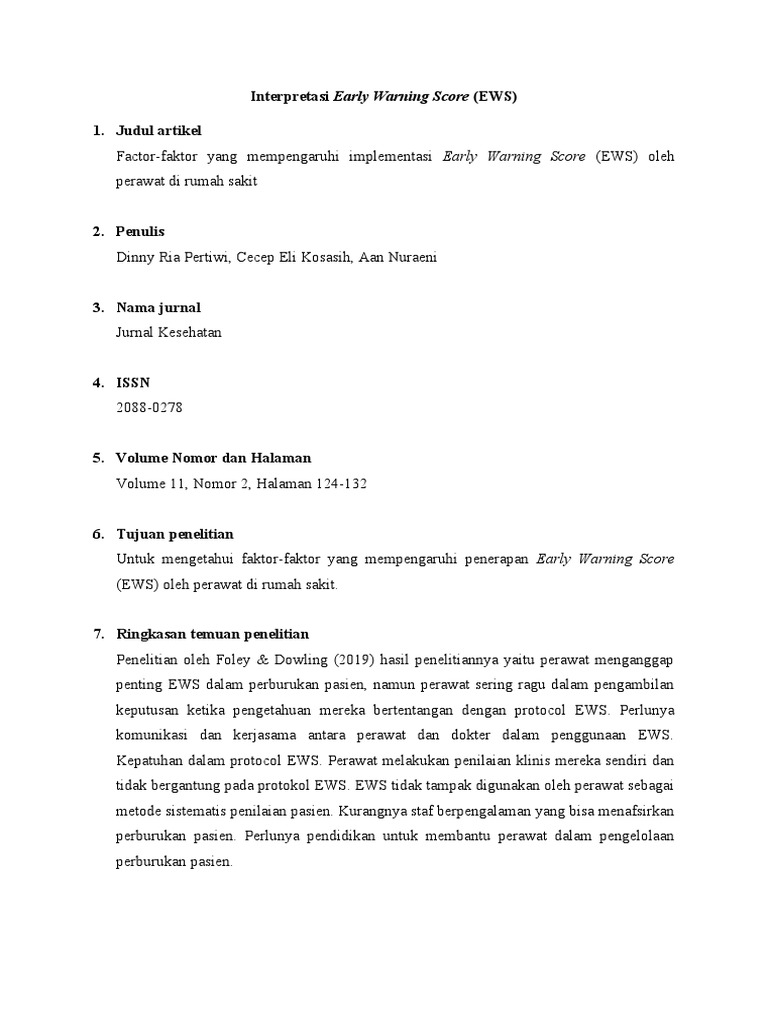 Interpretasi Early Warning Score (EWS) | PDF